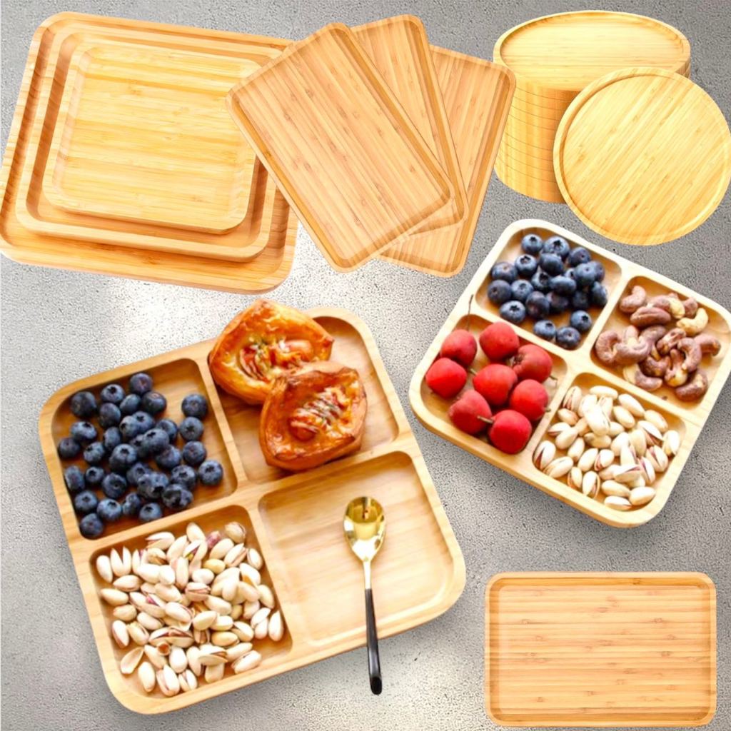 4 grids food storage bamboo wooden tray crafted tray for food serving ...
