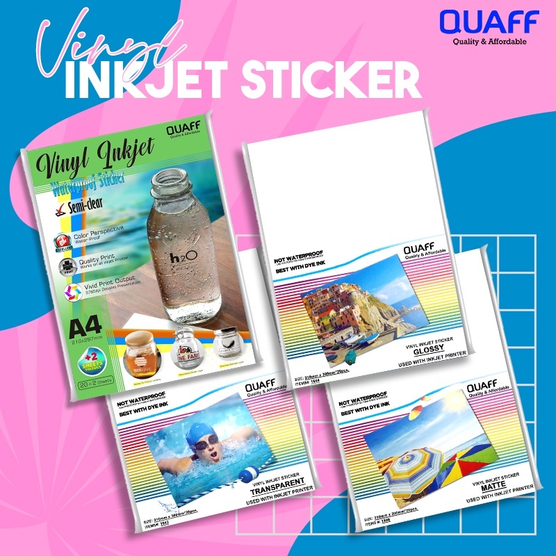 QUAFF Vinyl Inkjet Sticker Semi-Clear Waterproof A4 Size Matte , Glossy , Transparent (20 sheets ...