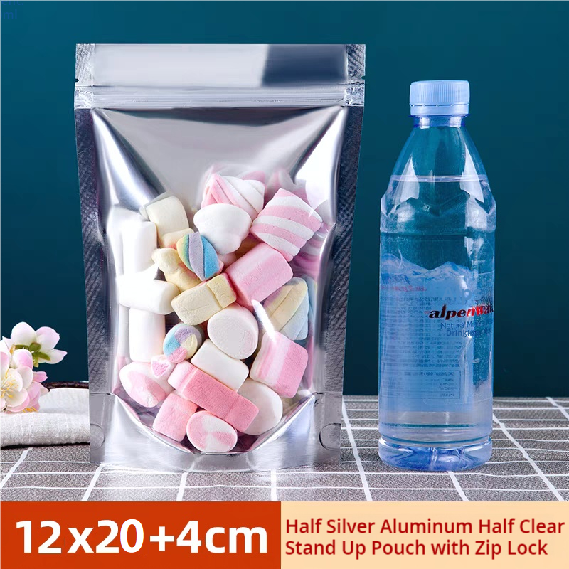 50-100 pcs Half Silver Aluminum Half Clear Stand Up Pouch with Zip Lock Packaging Ziplock ...