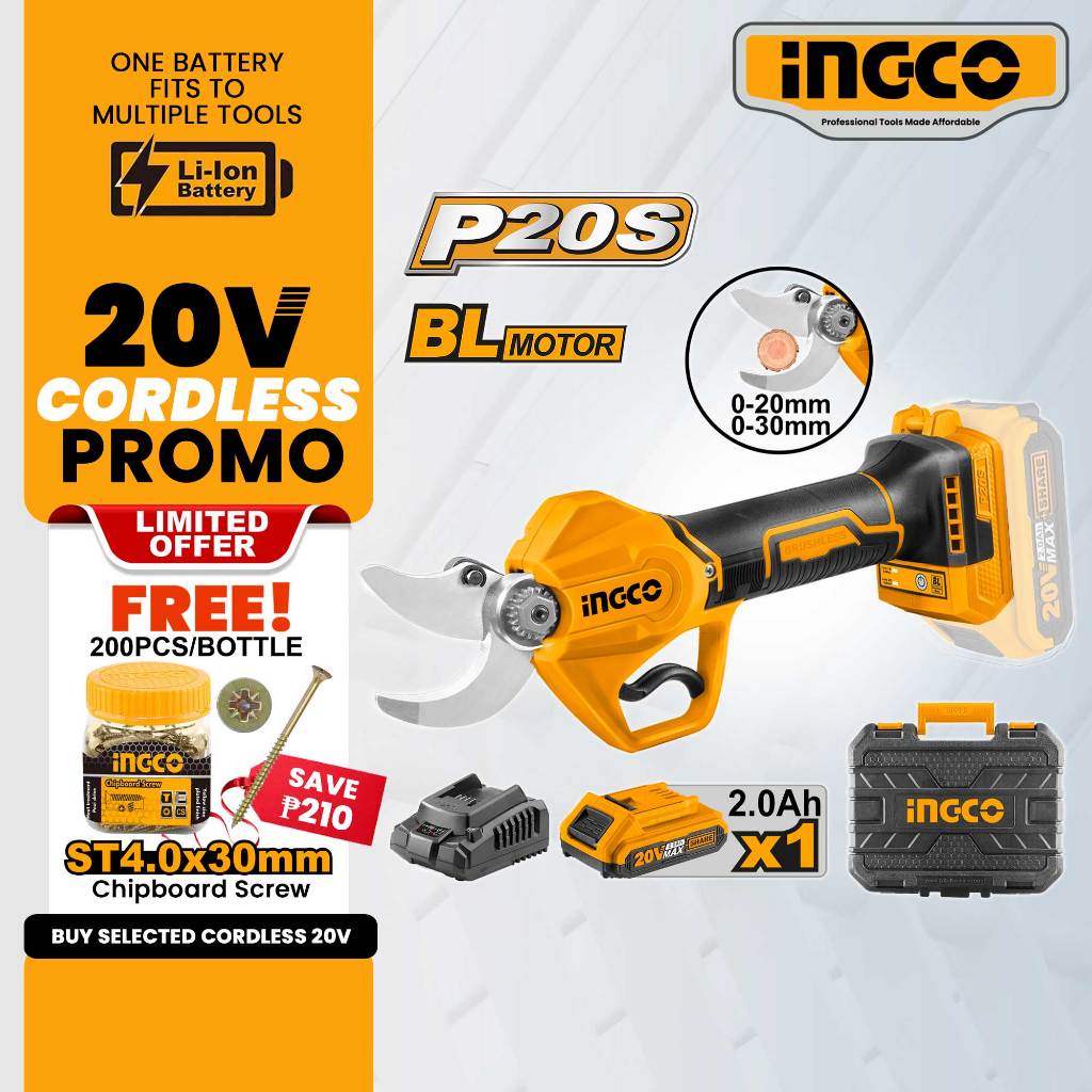 Ingco 20V Lithium-Ion Cordless Gauge Straight Pruning Shear Brushless ...