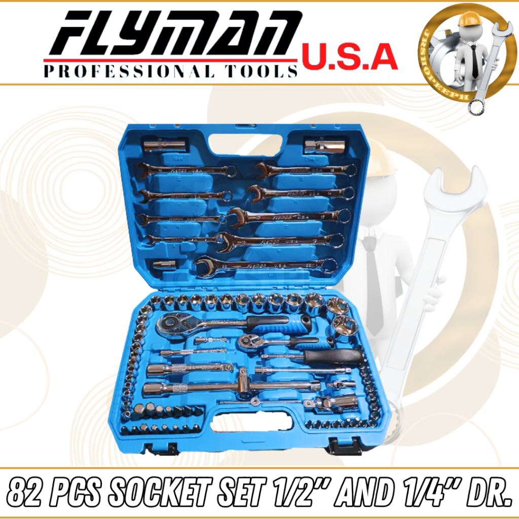 Jrshopeeph Flyman 82Pcs Socket 1/2 Dr. & 1/4 Dr. Tools Usa Made Chrome ...
