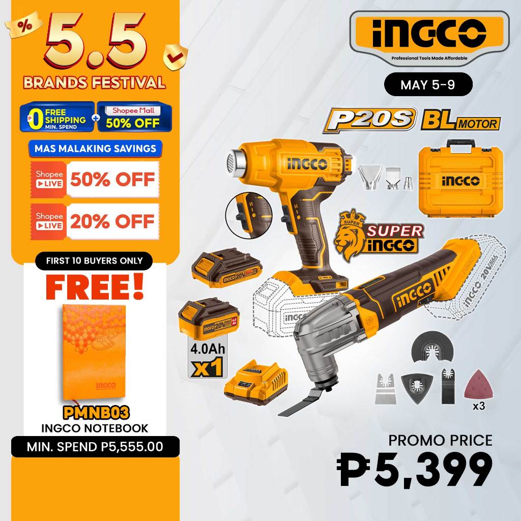 INGCO 2pcs Combo Kit Cordless Heat Gun with Oscillating COSLI230703 IPX ...