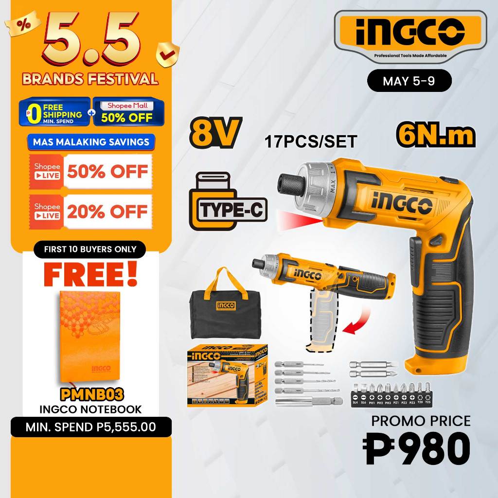 INGCO Lithium-Ion Cordless Screwdriver Set Portable Rechargeable Tool w ...