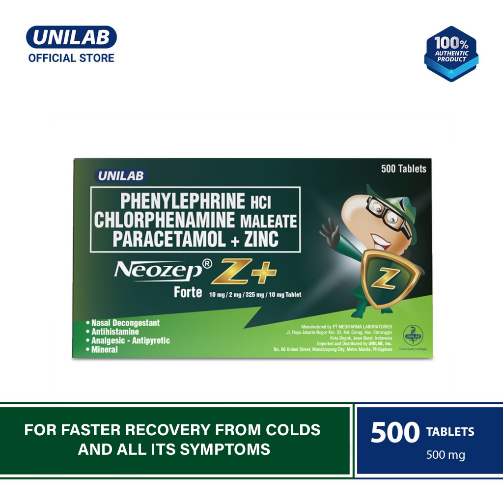 Unilab Neozep Z+ 500 Tablets- faster recovery from Runny Nose, Fever ...