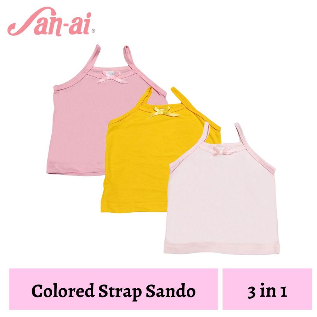San-ai Infant Newborn Baby Girl Colored Cotton Strap Sando with Ribbon ...