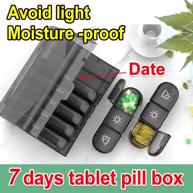 【7 days tablet pill box】Portable Pill Box 21 Grid Black Pill Box Pill ...