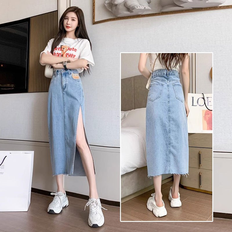 Plus size High slit long denim skirt for women High Waist jeans ...