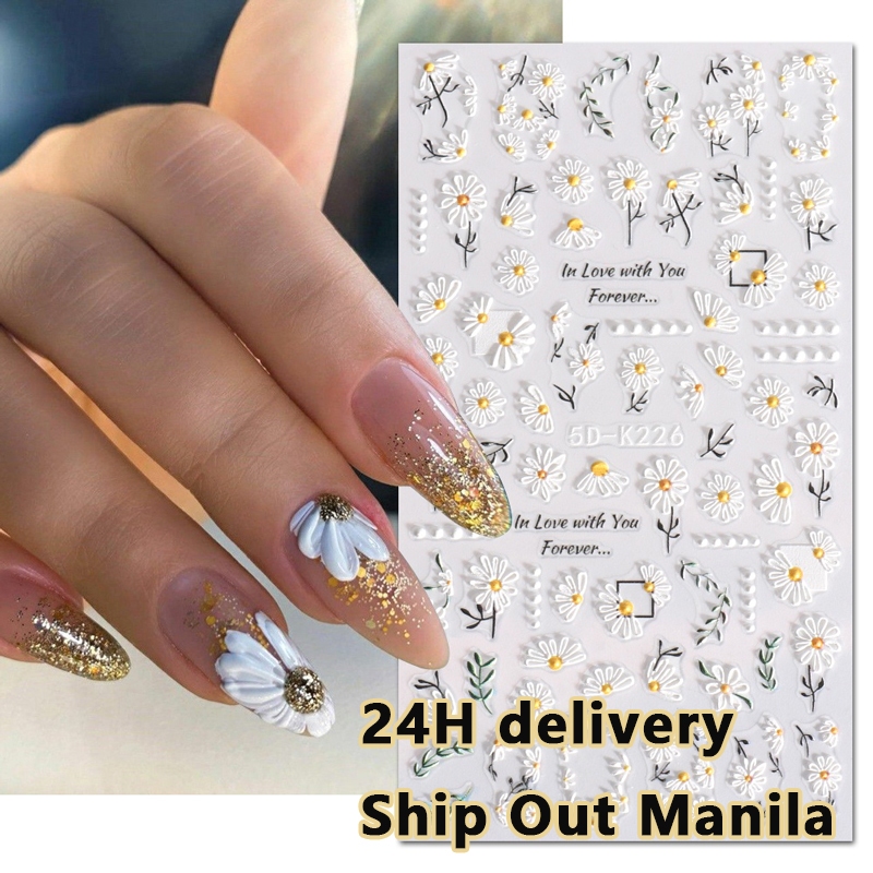 5D Embossed Violet Iris Daisy Flower Nail Sticker Sunflower Design for ...