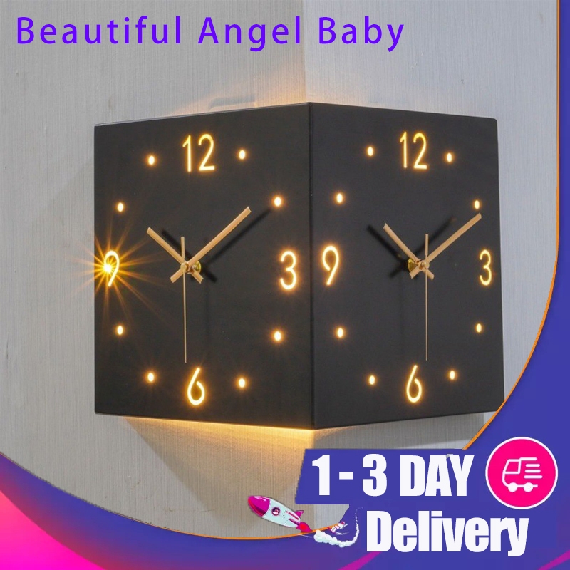 Induction Luminous Corner Clock Square Double-Sided Clock Iron Hollowed ...