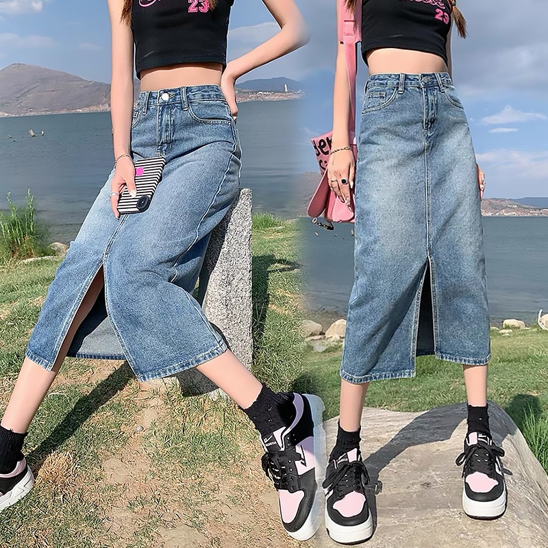 Cargo denim skirt long high waist slit skirt jeans for women A-line ...