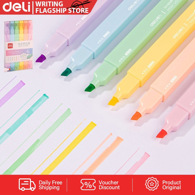 Deli 6Pcs/Box Double-Head Highlighter Marker pen Fluorescent Color ...
