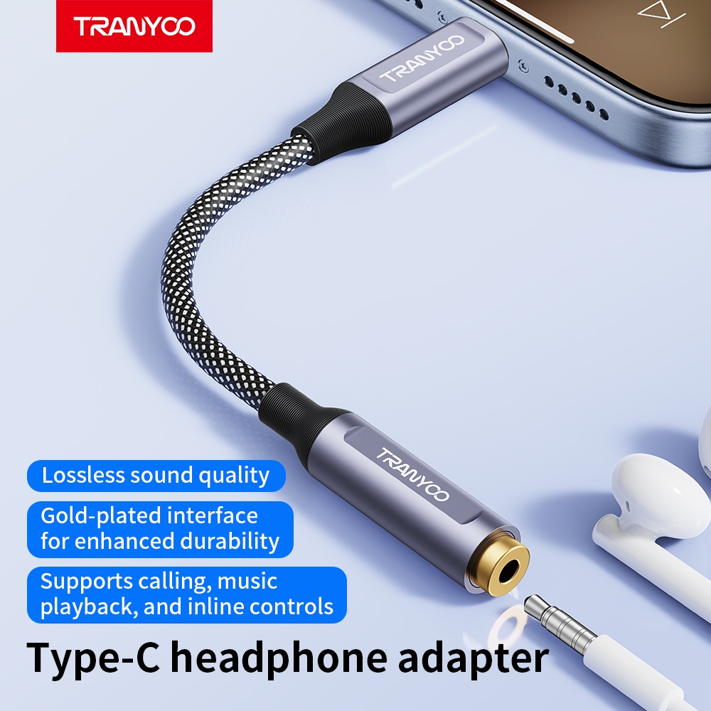 Tranyoo E8 Type-C iPh to 3.5mm Earphone Adapter Cable Fast Audio Sync Support Music Calls Dongle ...