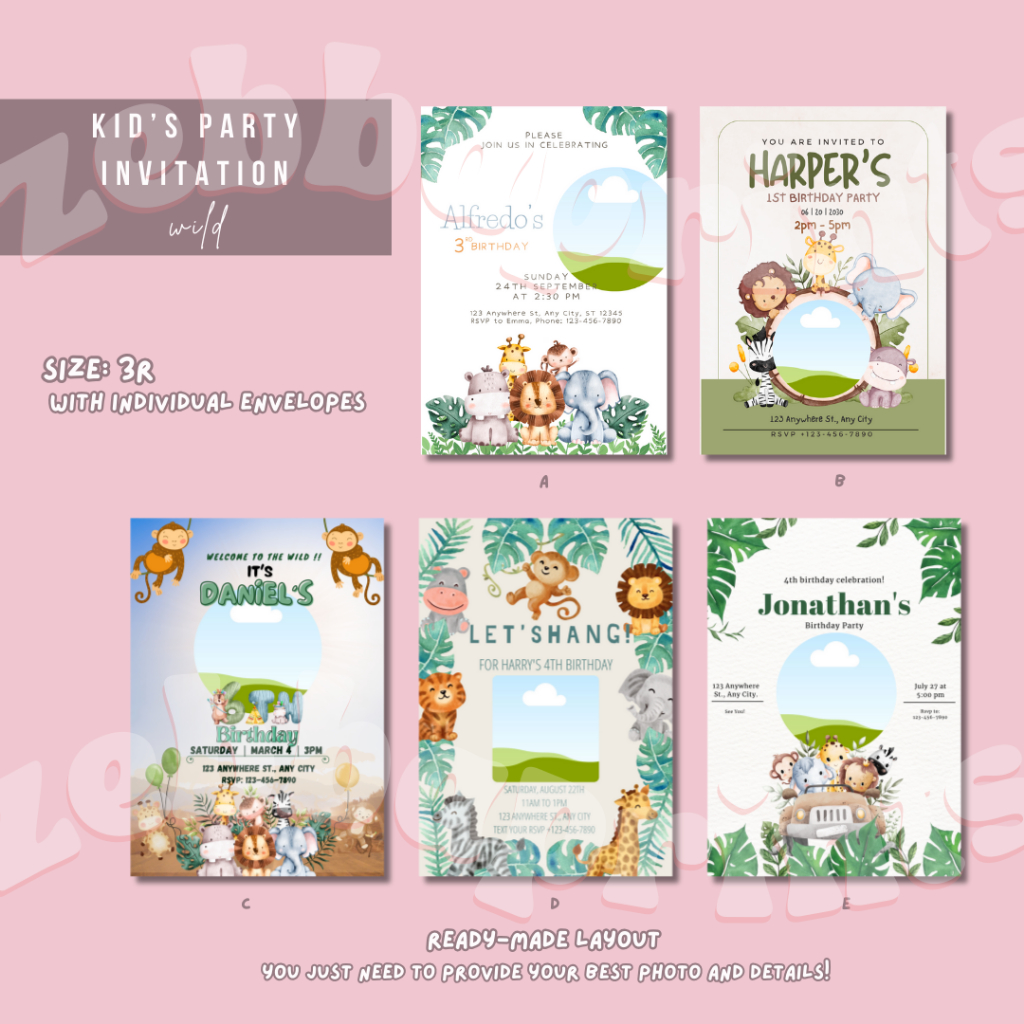 KID'S PARTY INVITATION CARDS 3R (WILD, UNICORN. BOHO, TEDDY BEAR THEME ...