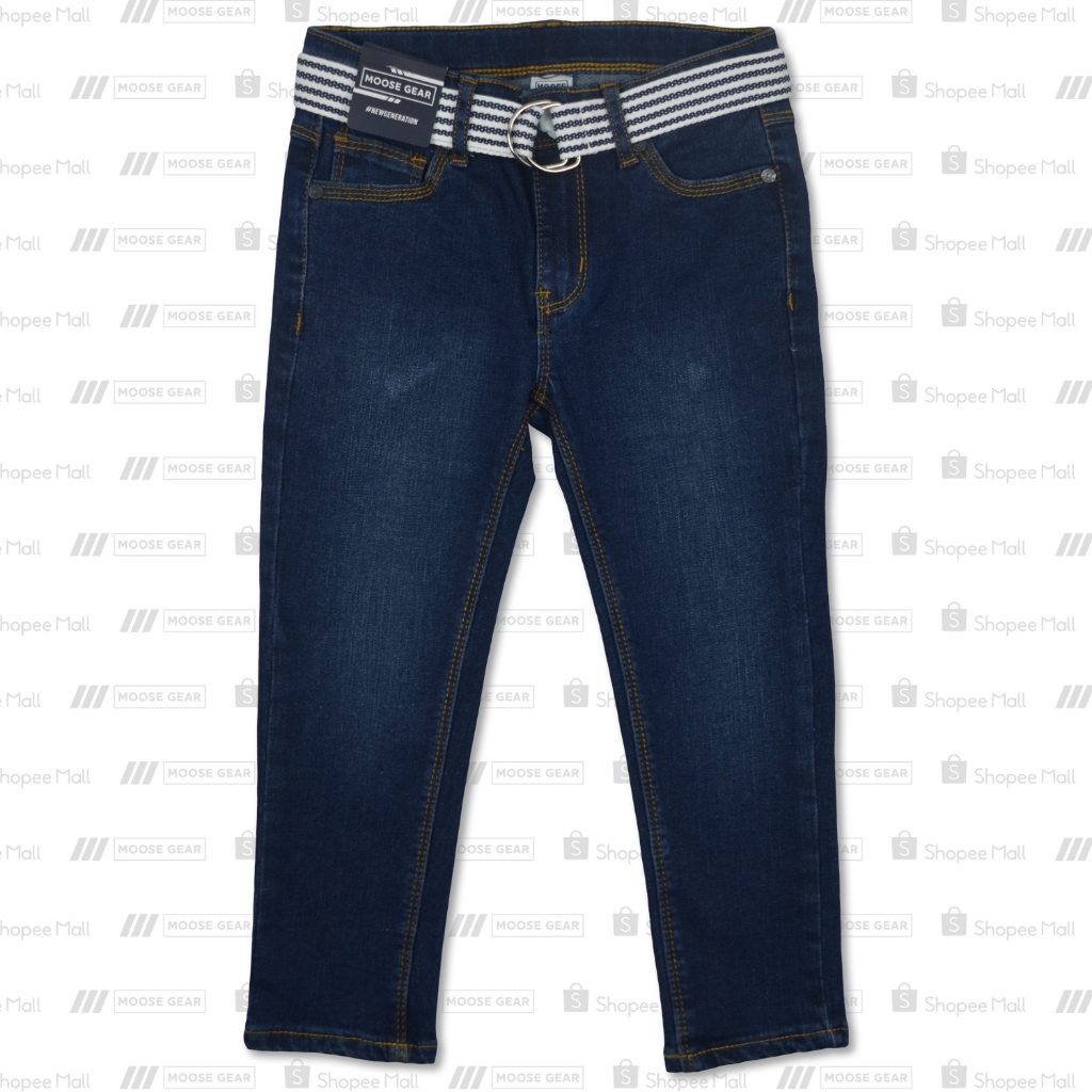 Moose Gear Navy Blue Washed Denim Long Pants With White Striped Belt ...