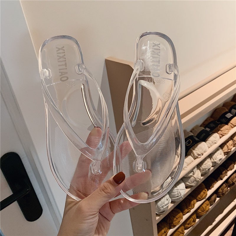 Women's crystal transparent herringbone slippers waterproof thin flat ...