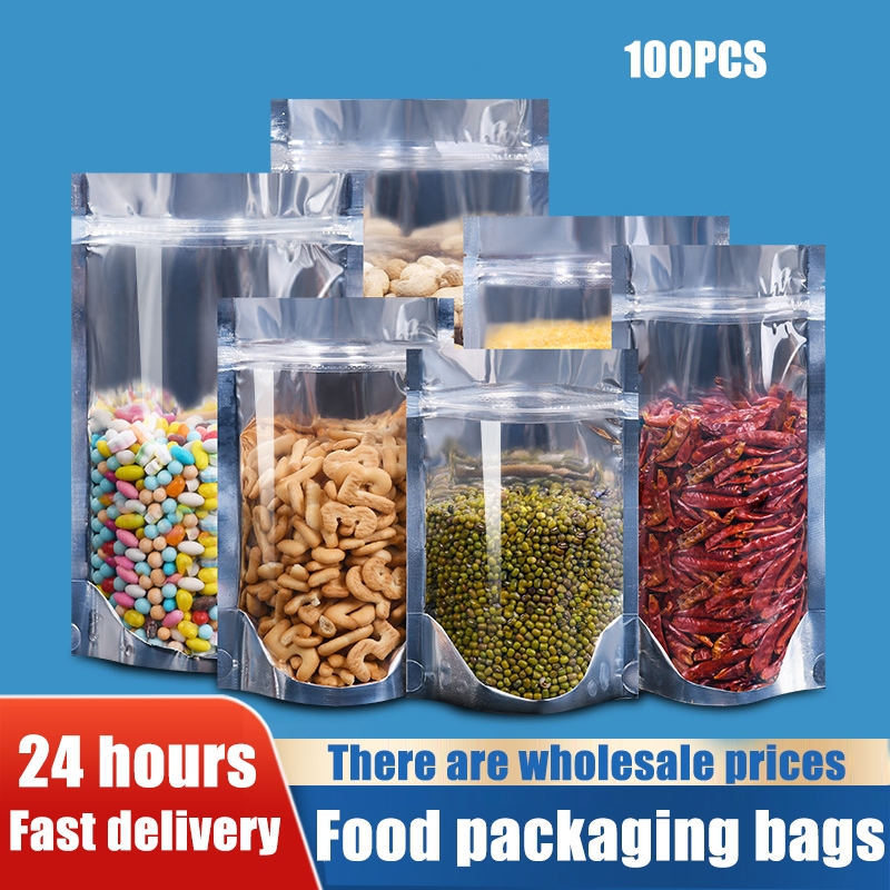 100 pcs Half Silver Aluminum Half Clear Stand Up Pouch with Zip Lock Packaging Ziplock ...