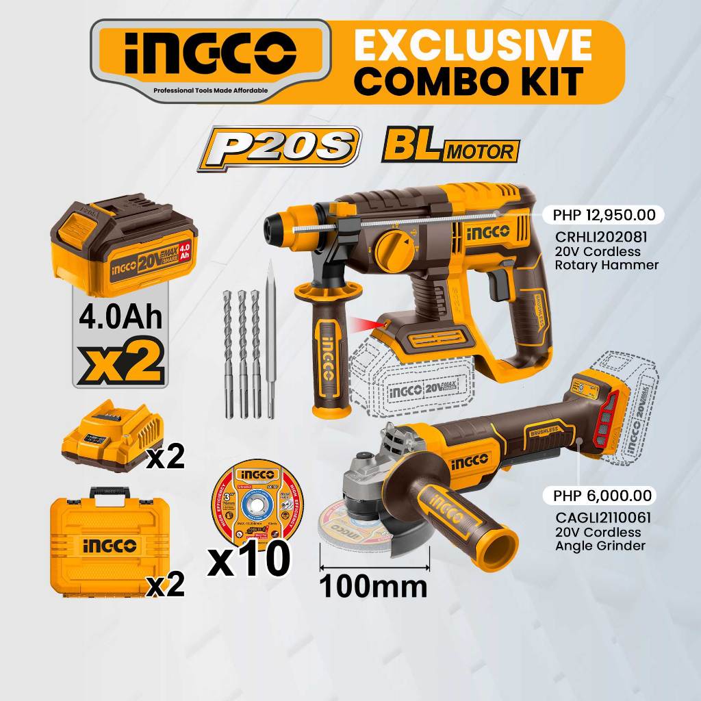 Ingco 3PCS/2PCS Set 20V Cordless Rotary Hammer Angle Grinder, Chipping ...