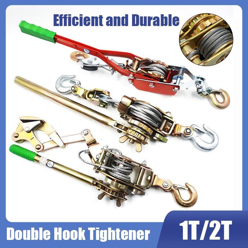 Heavy-Duty Double Hook Hand Puller: 1T/2T Ratchet Wire Rope Tightener ...
