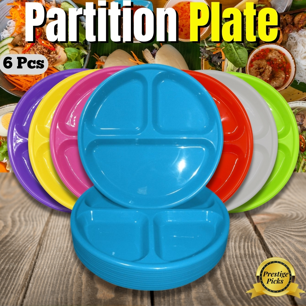 6pc Plate with Divider Round Plastic Canteen Plate Partition School ...