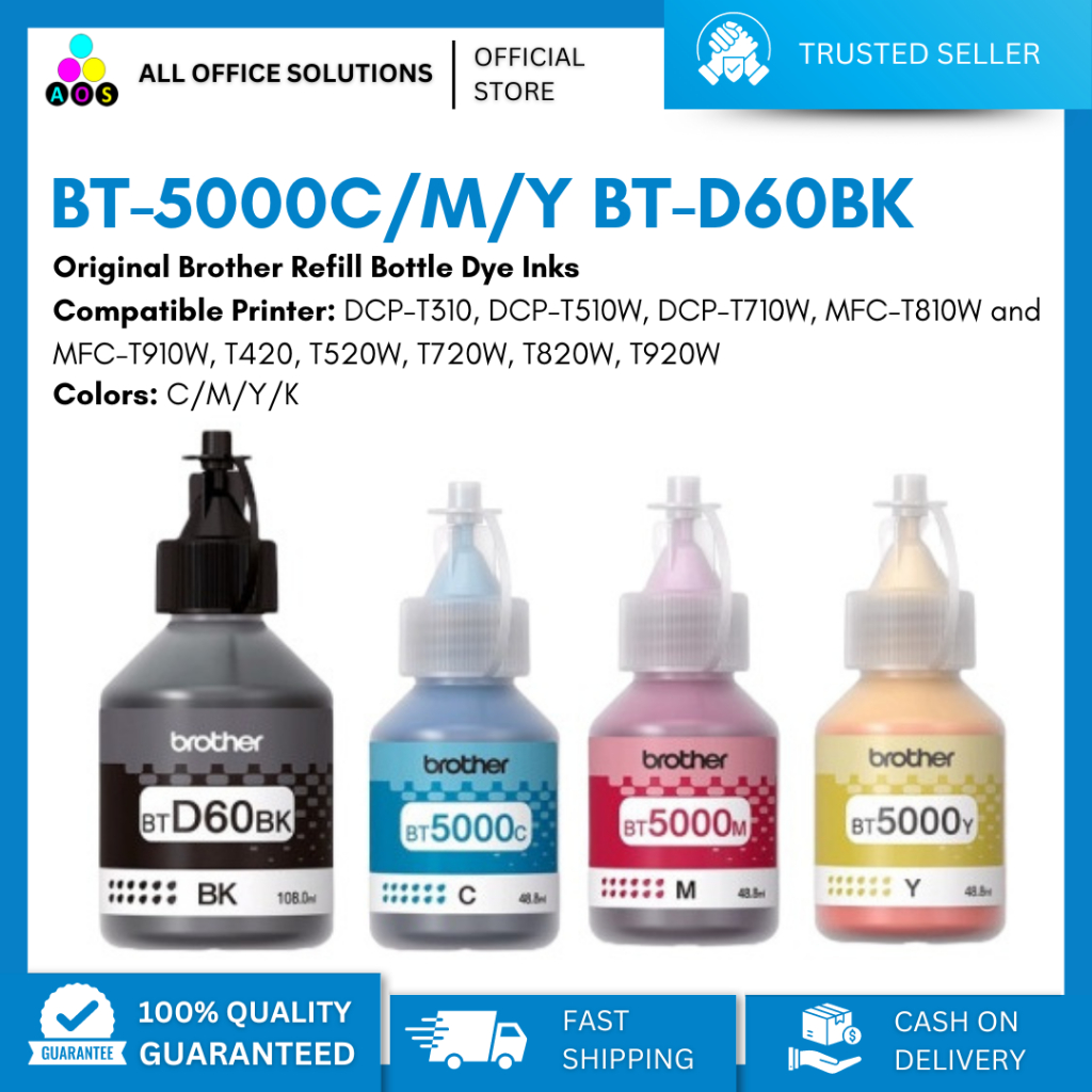 Brother BT-5000C/M/Y BT-D60BK Original Refill Bottle Dye Inks Compatible for DCP-T310, DCP ...