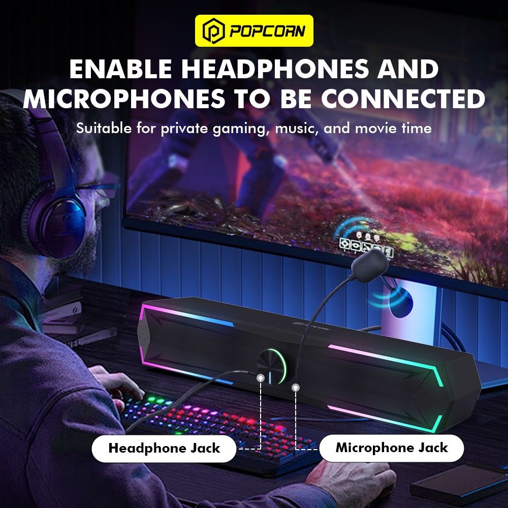 Popcorn CS012ARGB Soundbar RGB LED Surround Gaming Speaker Bluetooth 5. ...