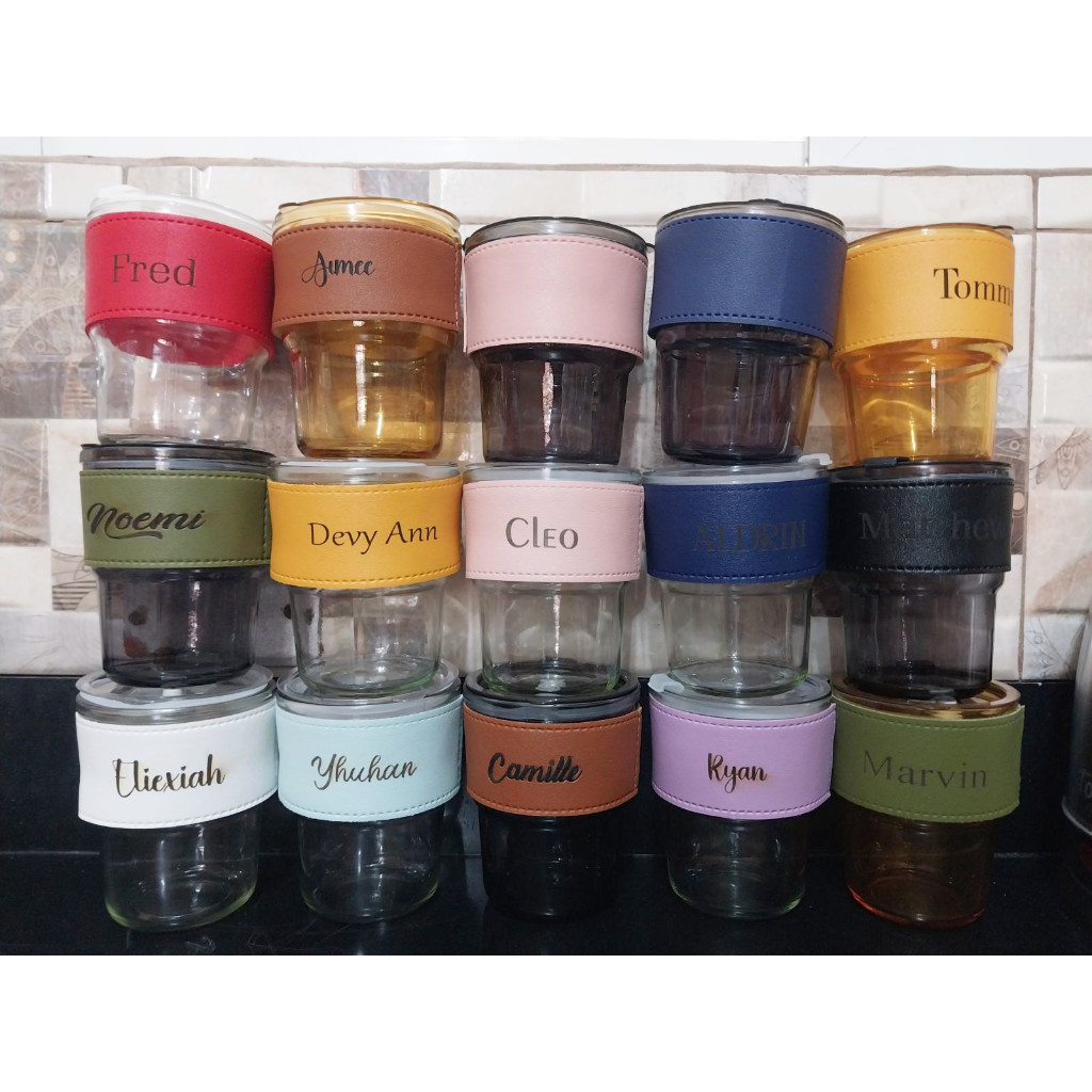 Personalized Laser Name Coffee Glass Cup Straw Mug Leather sleeve Clear ...
