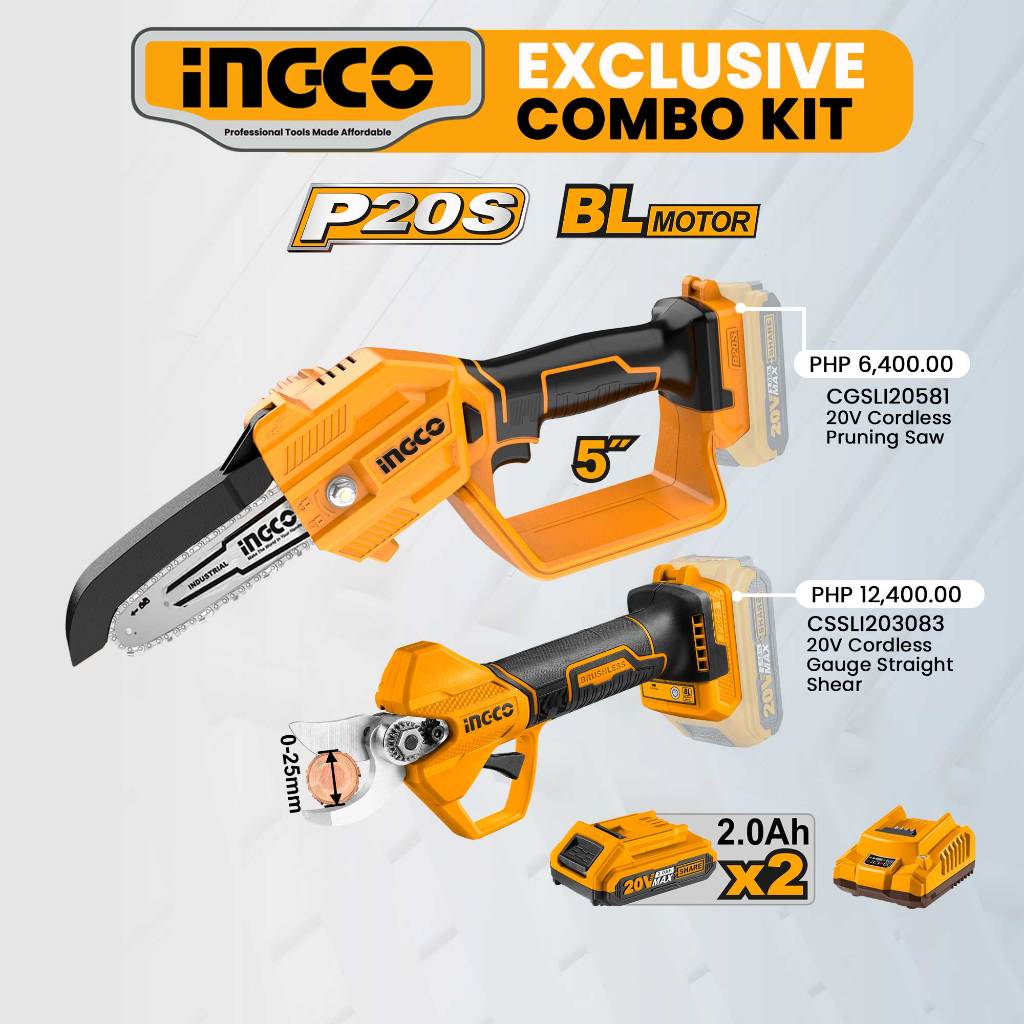 INGCO 20V Combo Kit Cordless Gauge Straight Shear with Pruner Saw ...