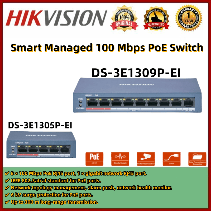 Hikvision 4-Port/8-Port Fast Ethernet Smart POE Switch 100 Mbps PoE ...