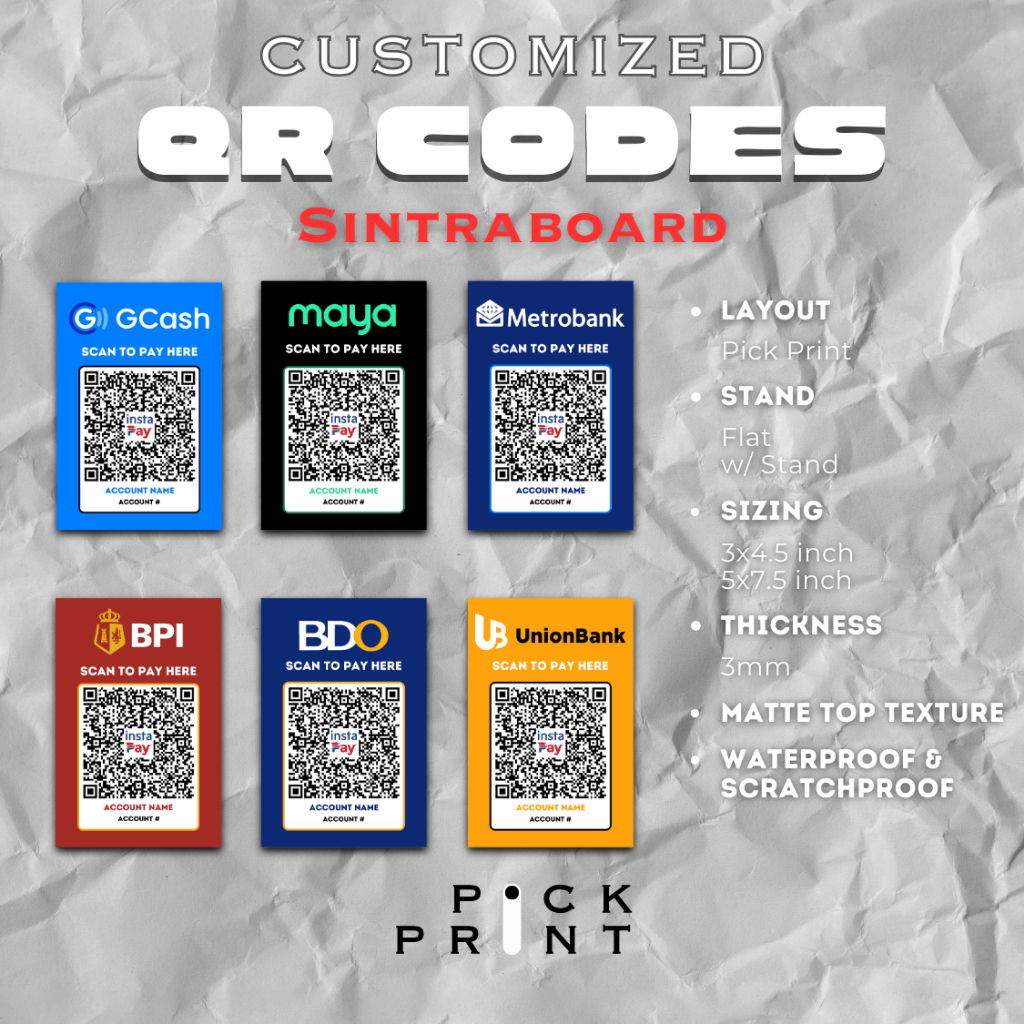 GCASH, BANK QR CODES STANDEE SINTRABOARD | WITH STAND WITHOUT STAND ...
