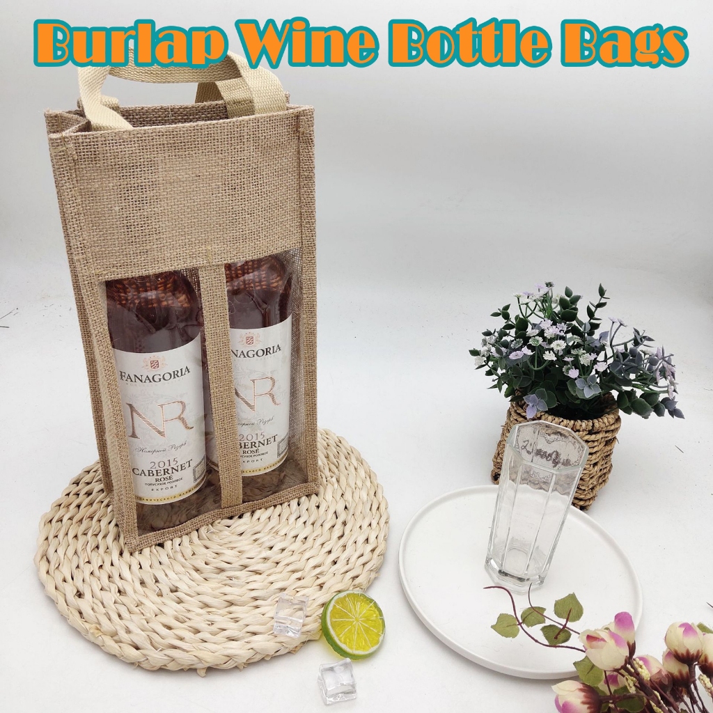 Jute Wine Carrier Clear Window Burlap Wine Handle Pouch Red Wine Bottle ...