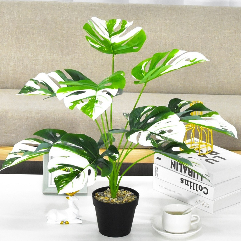 7 Heads 50cm Artificial Plant Artificial Monstera Leaves Bunch White ...
