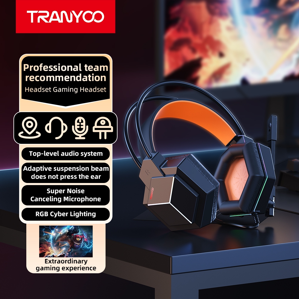 Tranyoo H4 Gaming Headset With Mic Heavy Bass Noise Cancellation RGB Ambient light Over Ear ...