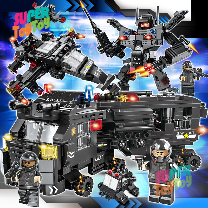SWAT Team Truck Helicopter Robot Transformation Building Blocks Toys ...