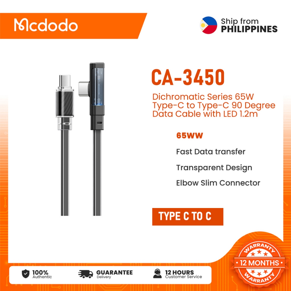 Mcdodo CA-345 Dichromatic Series 65W Type-C to Type-C 90 Degree Data Cable with LED 1.2m ...