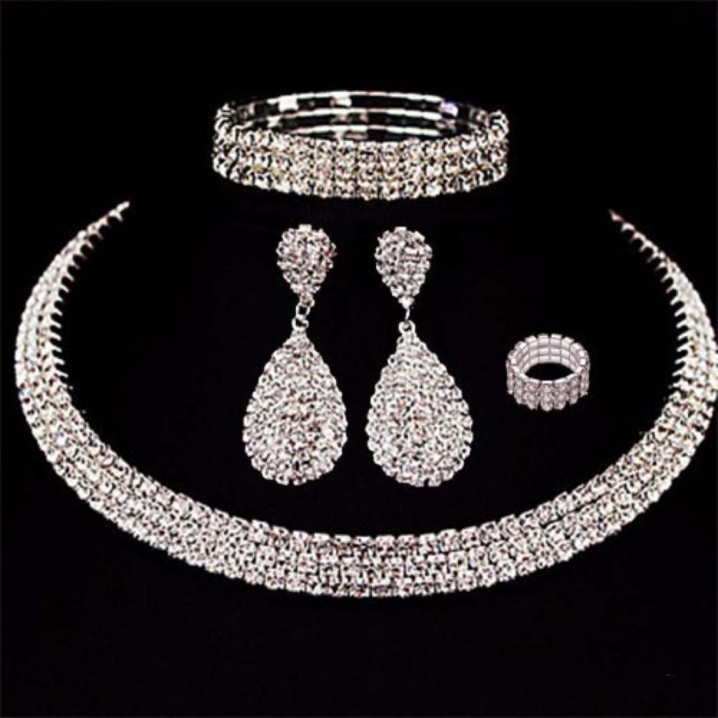 A&J 4Pcs Bridal Jewelry Set Necklace Bracelets Ring Earrings Set Super ...