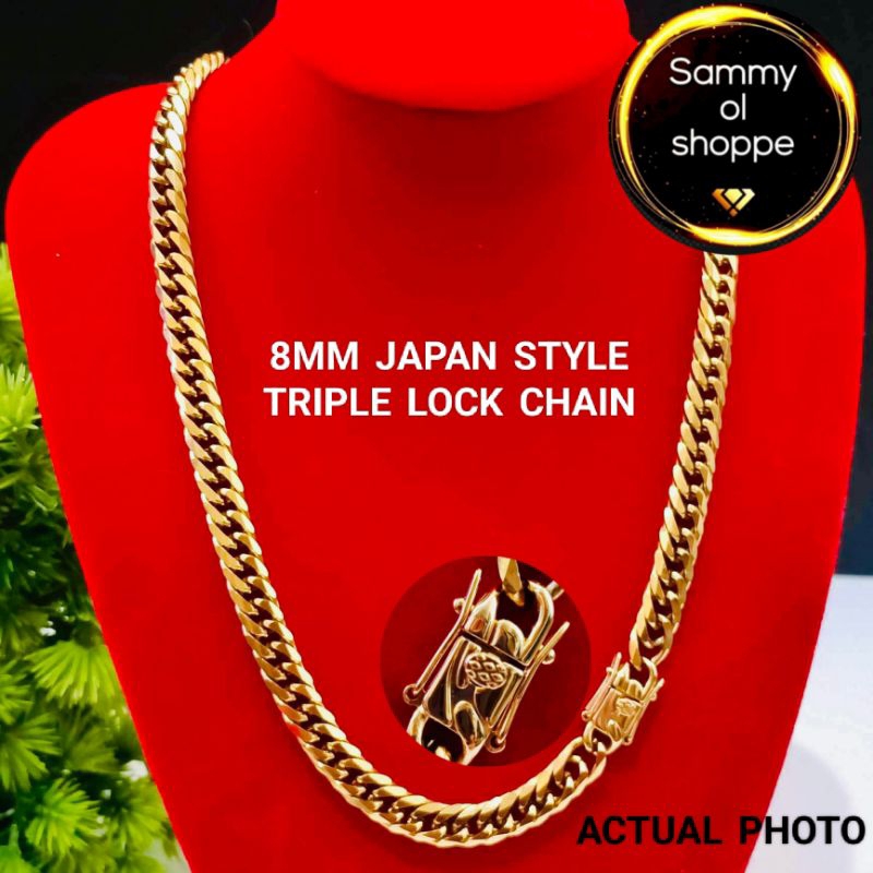 SOS 18K STEEL GOLD JAPAN MCUT TRIPLE LOCK NECKLACE NON FADING | Shopee ...