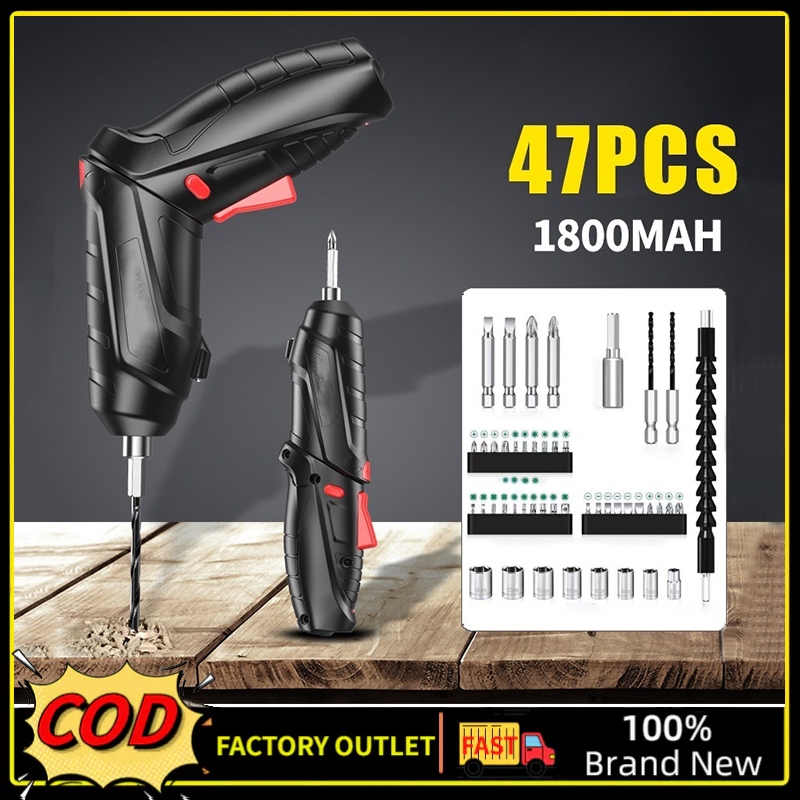 portable cordless screwdriver 47pcs handheld screw driver electric led ...