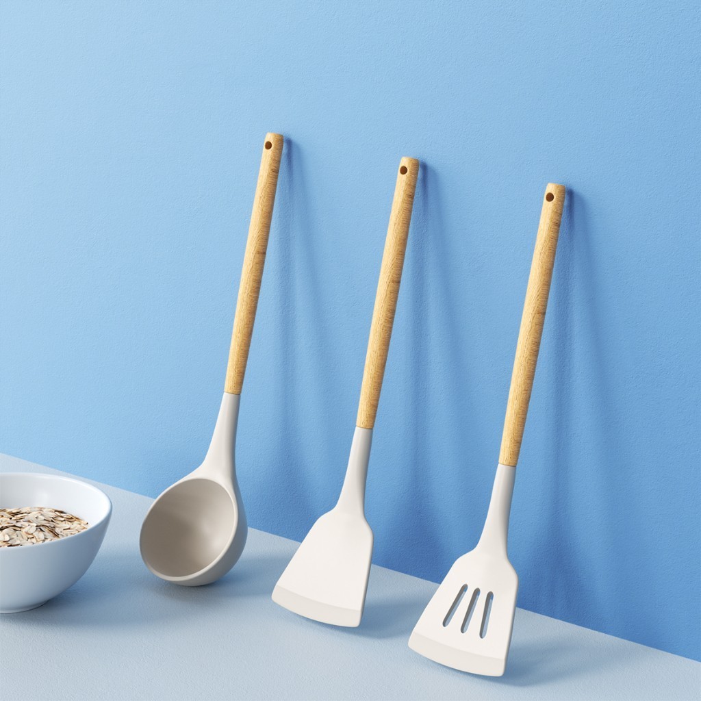 SYH 3PCS White Silicone Kitchenware Cooking Utensils Set Wooden Handle ...