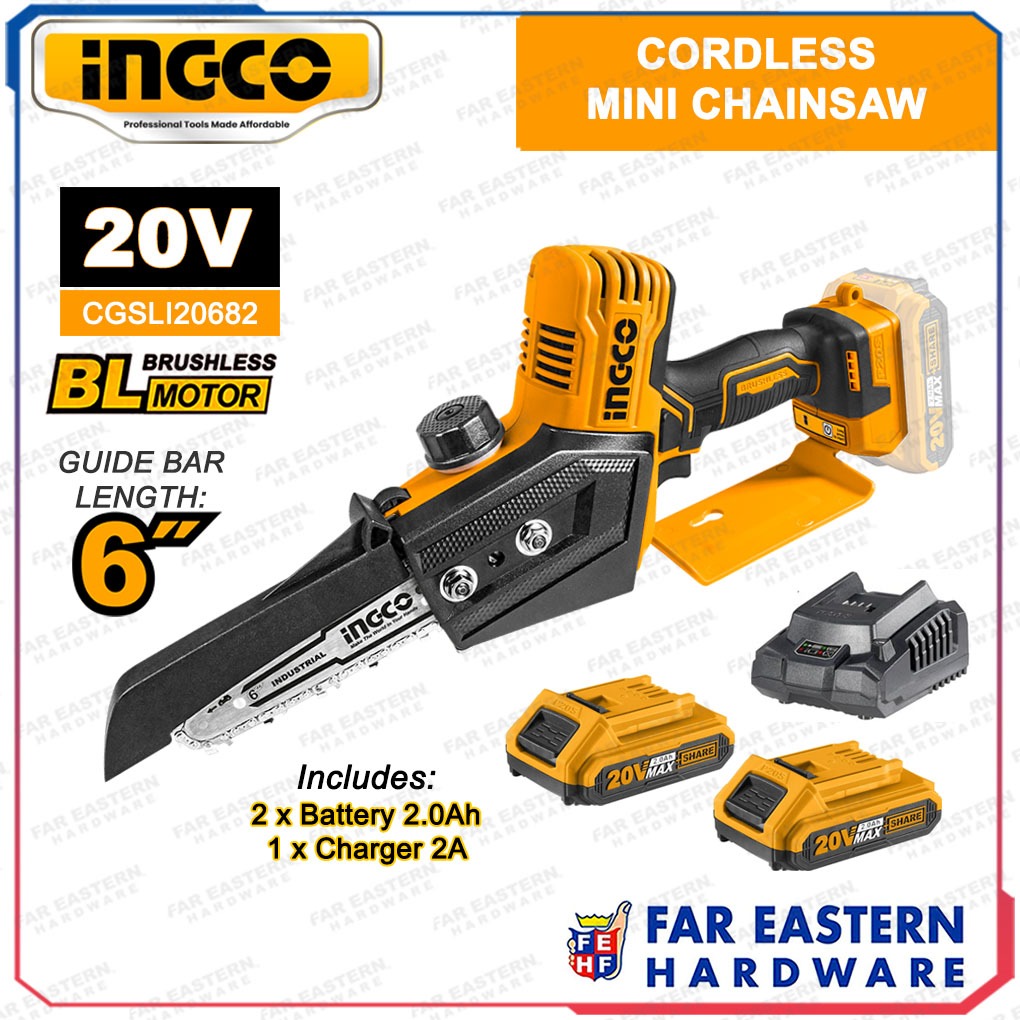 INGCO Cordless Brushless Mini Chainsaw 6" w/ Battery & Charger 20V ...