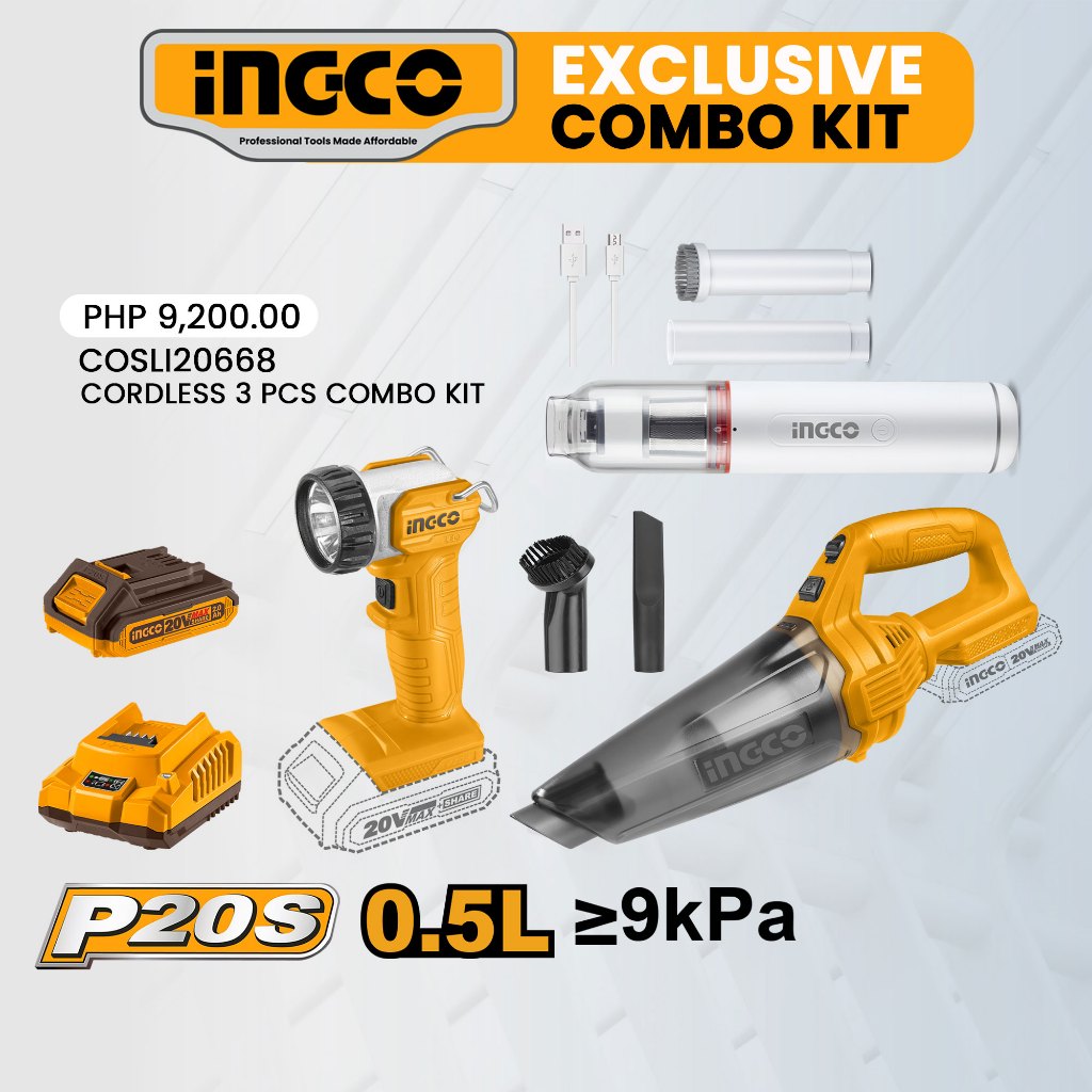 Ingco 3pcs Combo Kit Set Lithium-Ion Cordless Vacuum Cleaner, Work Lamp ...