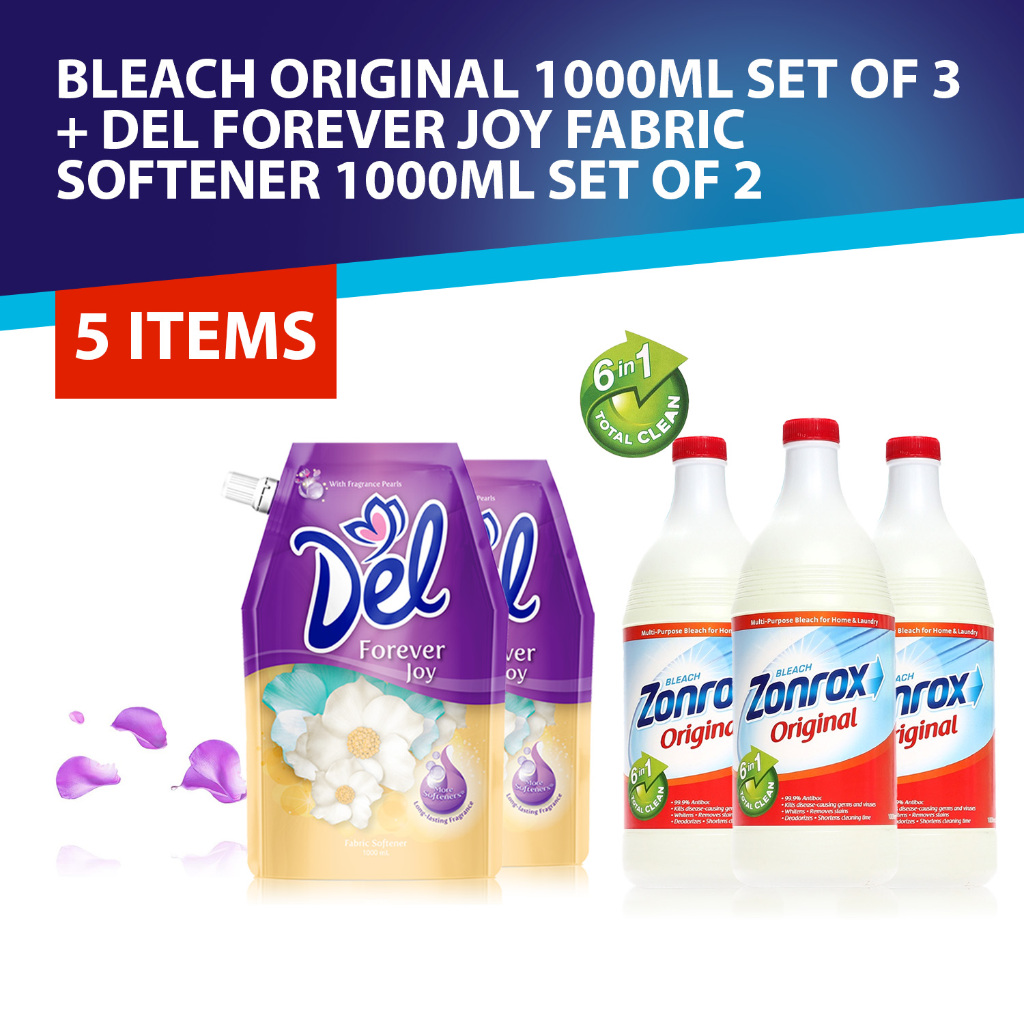 Zonrox Bleach Original (1 Liter) x3 + Del Forever Joy Fabric Softener ...