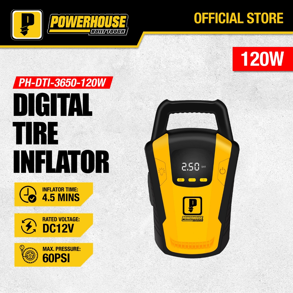 Powerhouse Digital Tire Inflator Copper Motor W/ Led Work Light 120W PH-DTI-3650-120W PHPT ...