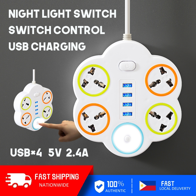 Multi-Function Socket Extension Outlet With LED Night light 4 Power ...