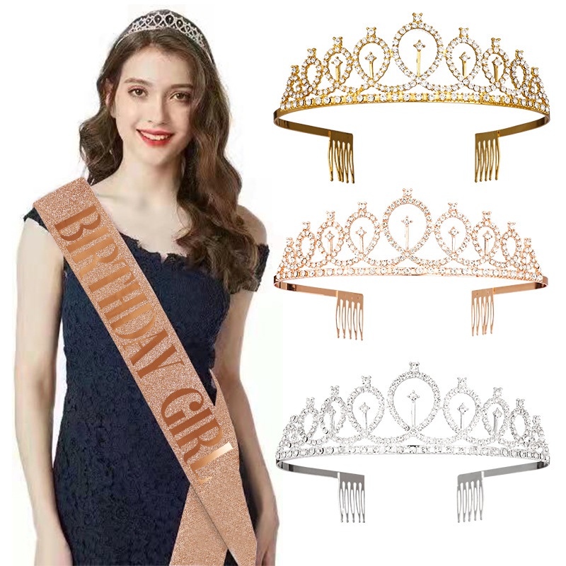 Birthday Crown Headband Rhinestone Hair Accessories Shoulder Strap ...