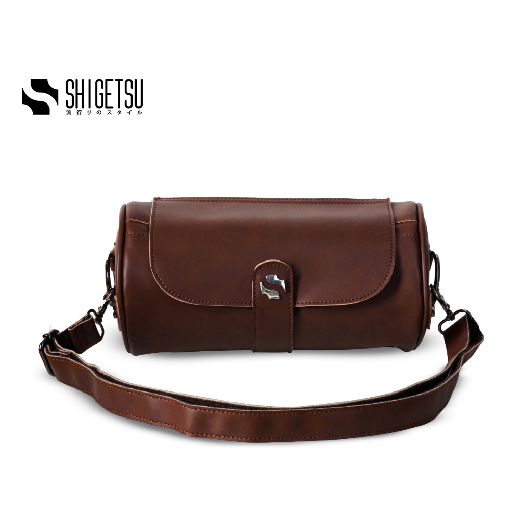 Shigetsu ESASHI Brown Leather barrel bag slingbag crossbody bag sidebag ...
