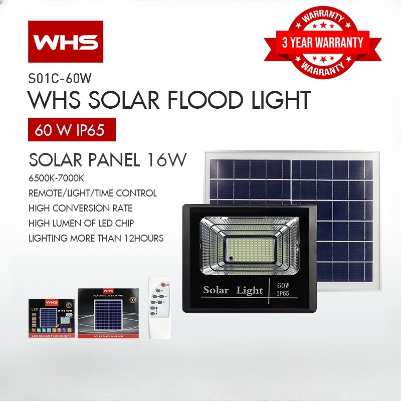 WHS 3 Year Warranty 60W Heavy Duty Outdoor LED Solar Flood Light IP65 ...