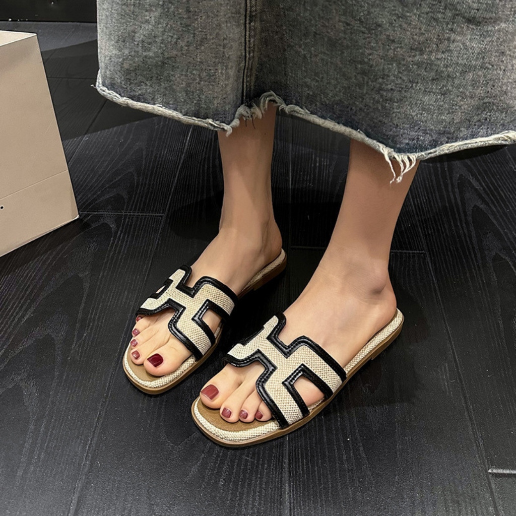 TOP WOMEN PH 2025 woven summer new H-shaped flip-flops wet-wearable beach shoes and half-flop ...