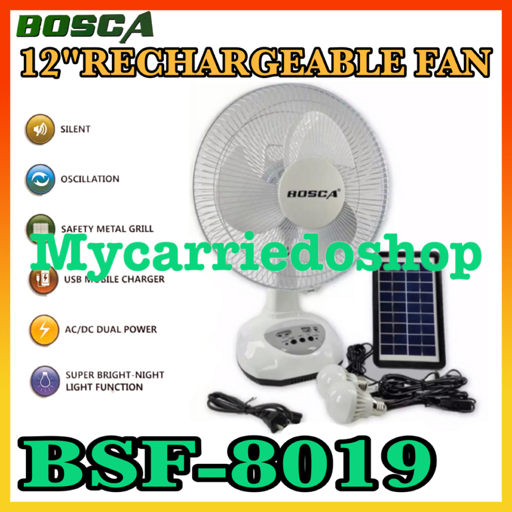 BOSCA 12" AC/DC Solar Recahrgeable Fan DESK Fan Box Fan With LED Light ...