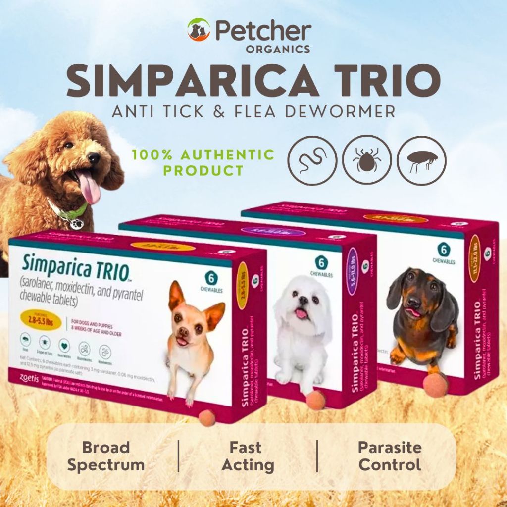 Simparica TRIO Chewable Tablet Tick and Flea Care 1 Tablet Heartworm and Deworming for Dogs ...