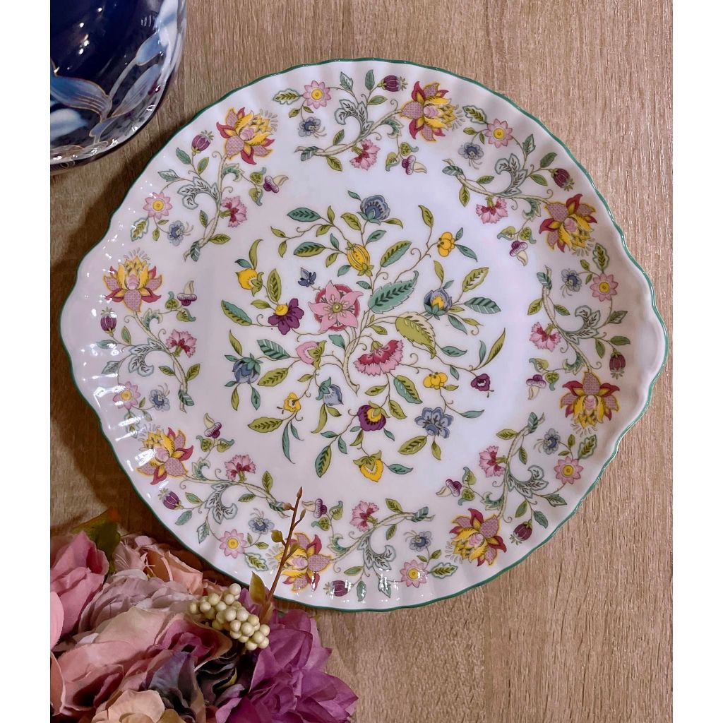 Vintage MINTON England Haddon Hall Flowers Pattern Green Rim Bone China ...